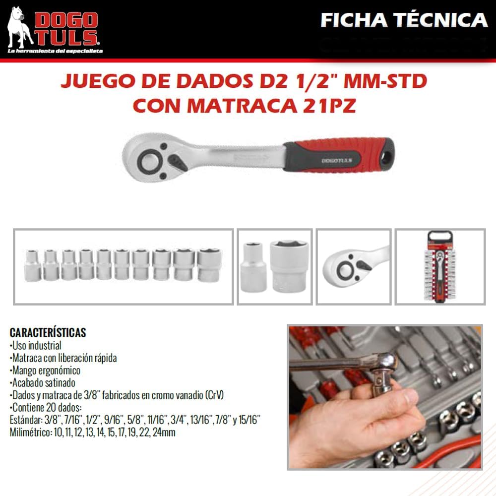 DOGOTULS Juego de Dados D2 1/2" MM-STD con Matraca 21pz
