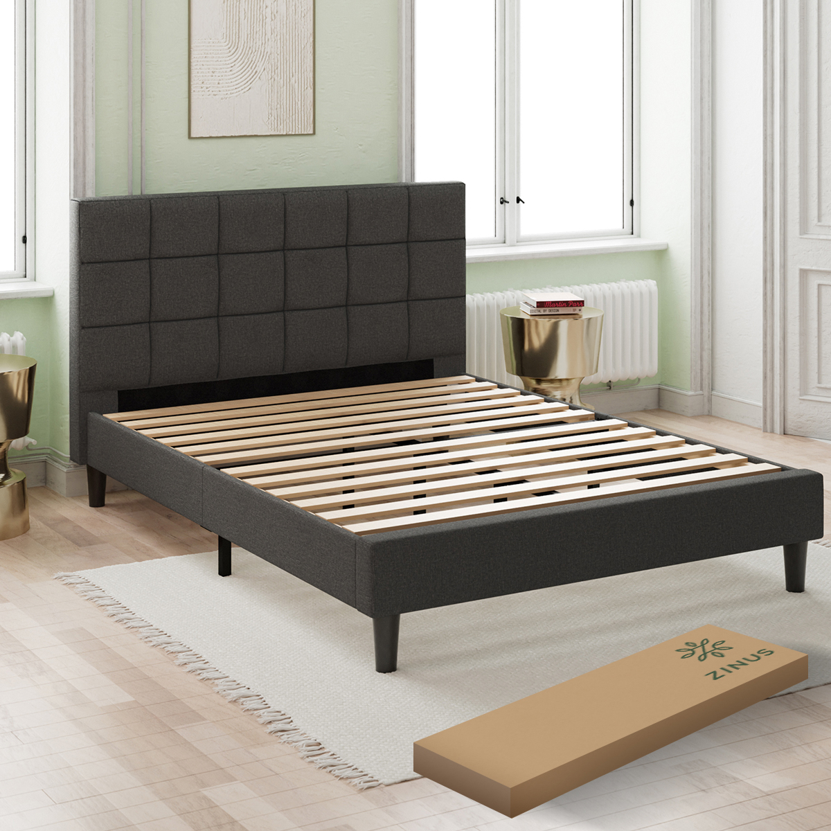 Base de Cama con Cabecera Matrimonial Zinus Leo Tapizada Color Gris. Fácil Armado, se envia en ...