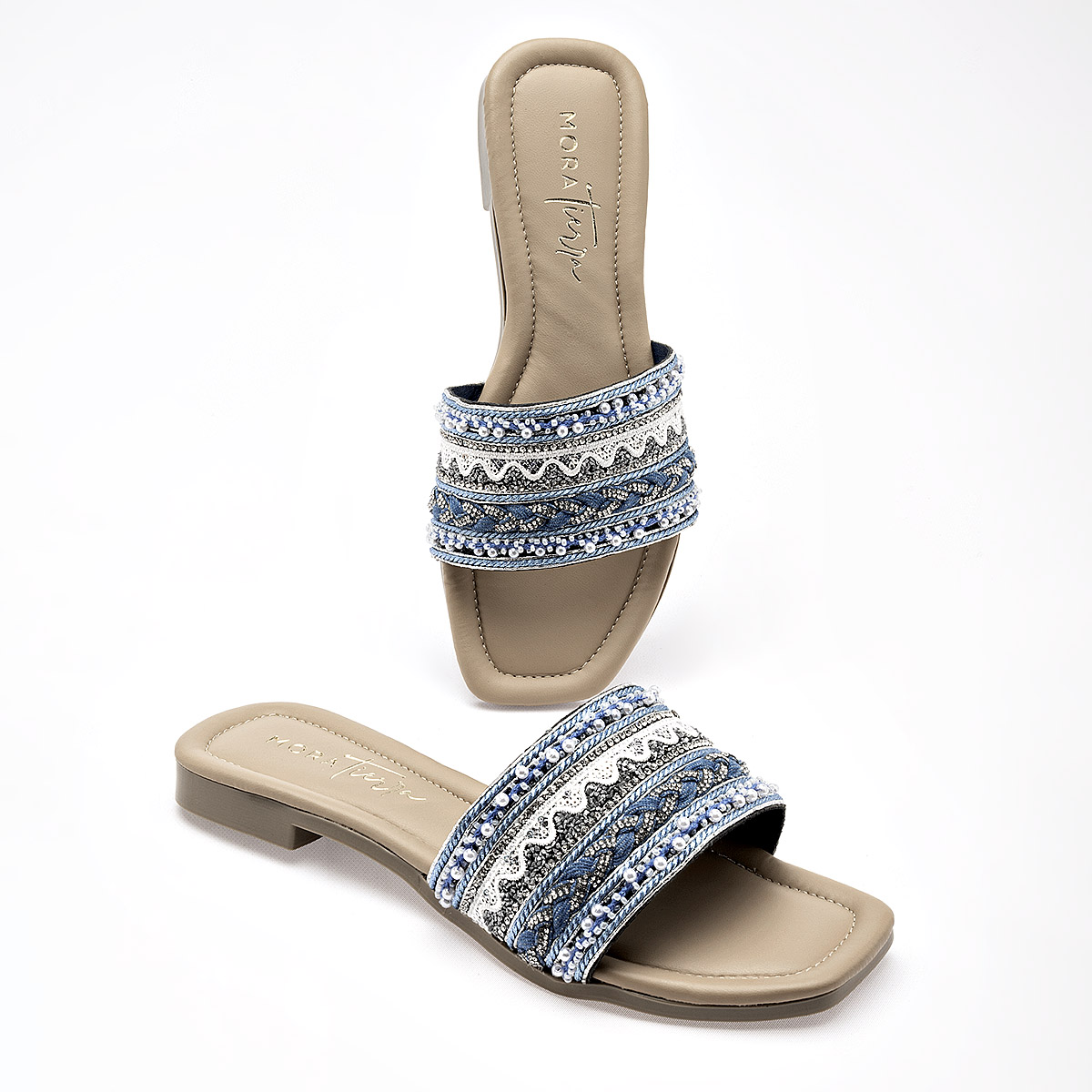 SANDALIA PISO ABIERTO MUJER Mora Tierra CONSUELO AZUL BLANCO PLATA
