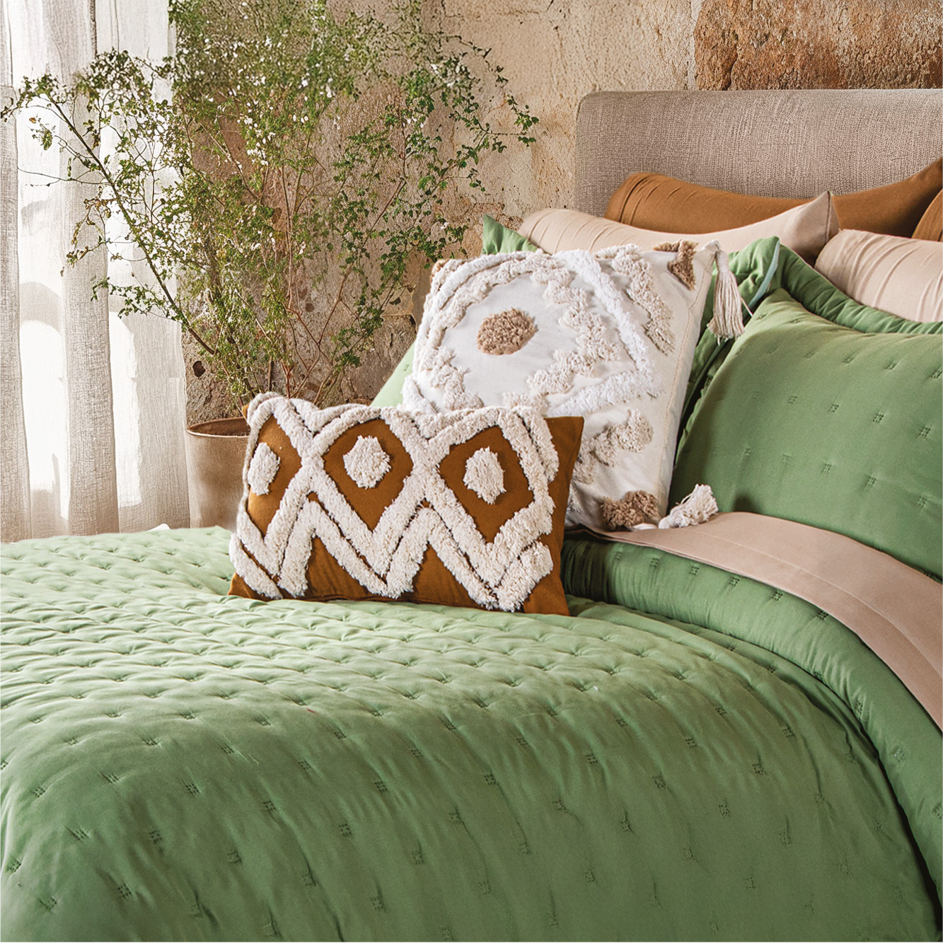 Colcha Neo Olivo Verde Matrimonial Poliester Comodo Concord