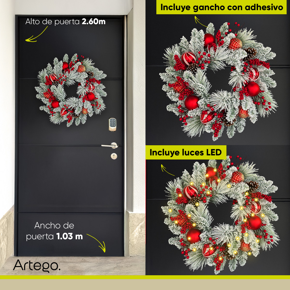 Corona de Navidad 60cm Jingle premium Iluminada LED Nevada Piñas ...