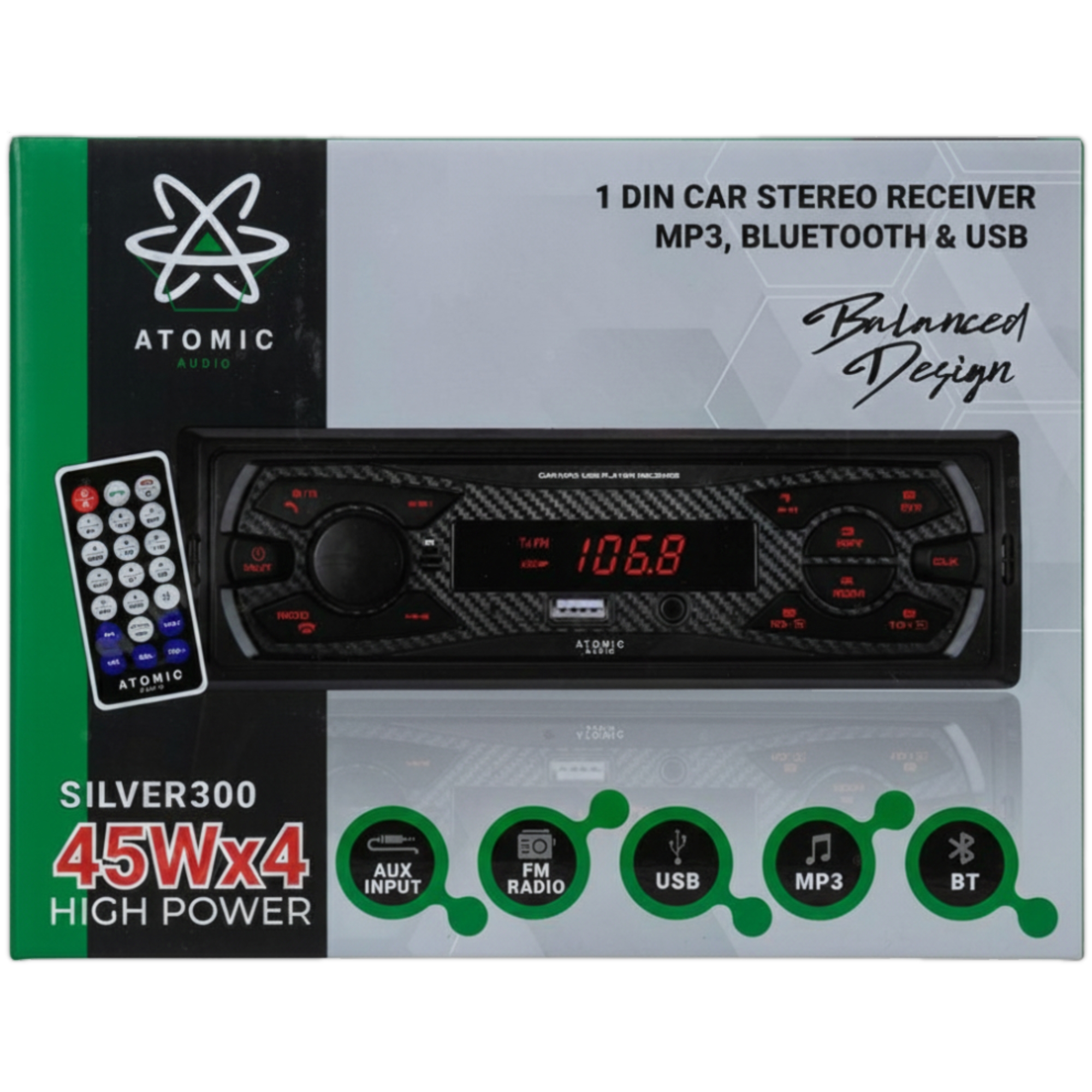 Autoestéreo Atomic Audio SILVER300 BT USB MP3 Aux FM 1 Din
