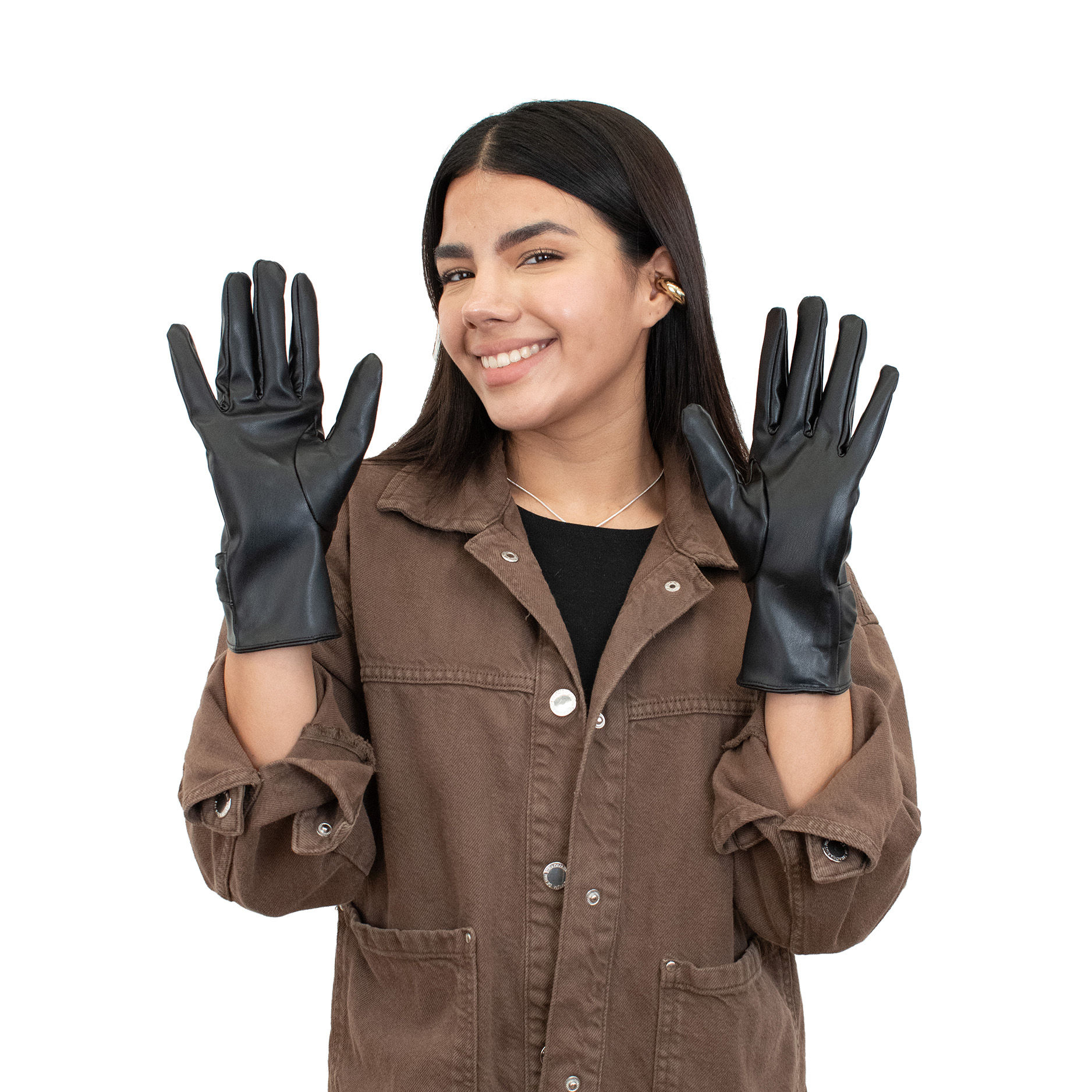 Guantes Negros de Cuero Sintético con Moño | Interior Afelpado