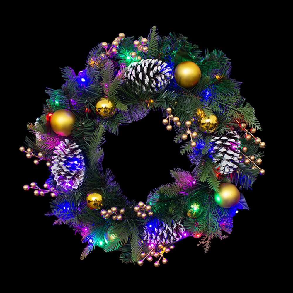 Corona Navideña Decorativa Con Esferas Doradas Luz Led 50cm