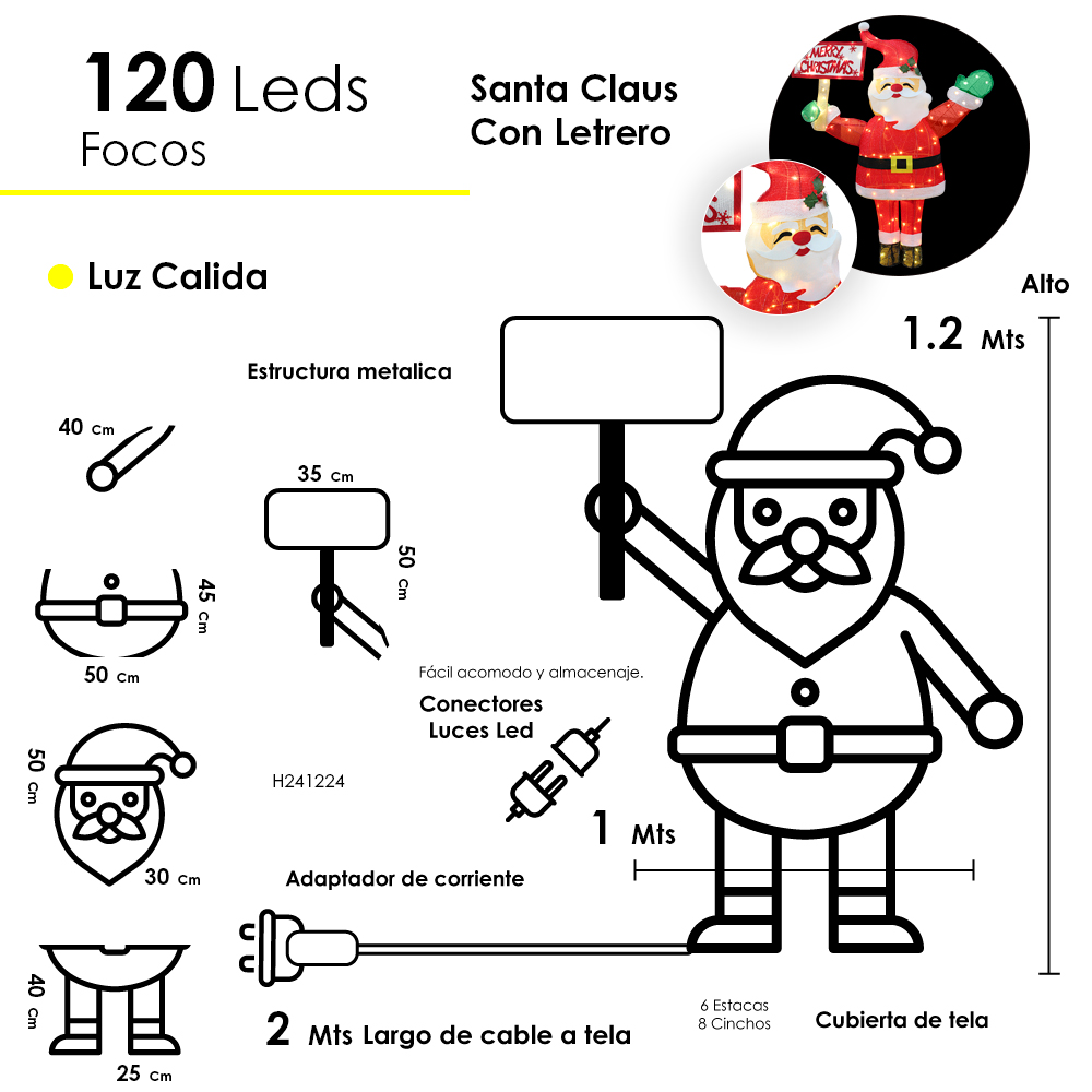Santa Claus Navideño 1.2mts Con Letrero Decorativo Luz Led