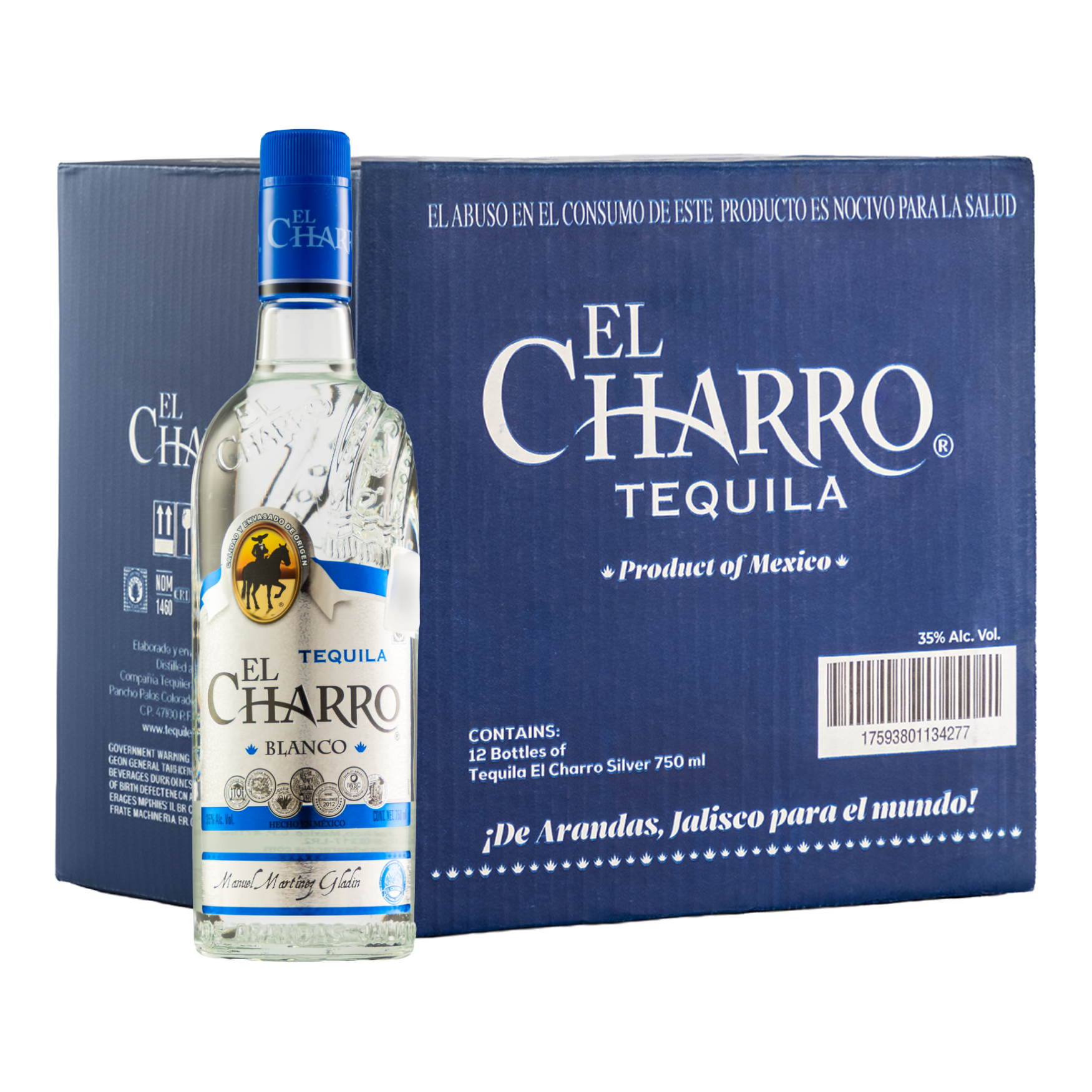 Caja Tequila El Charro Clásico Blanco 750 Ml C/12 Pzas