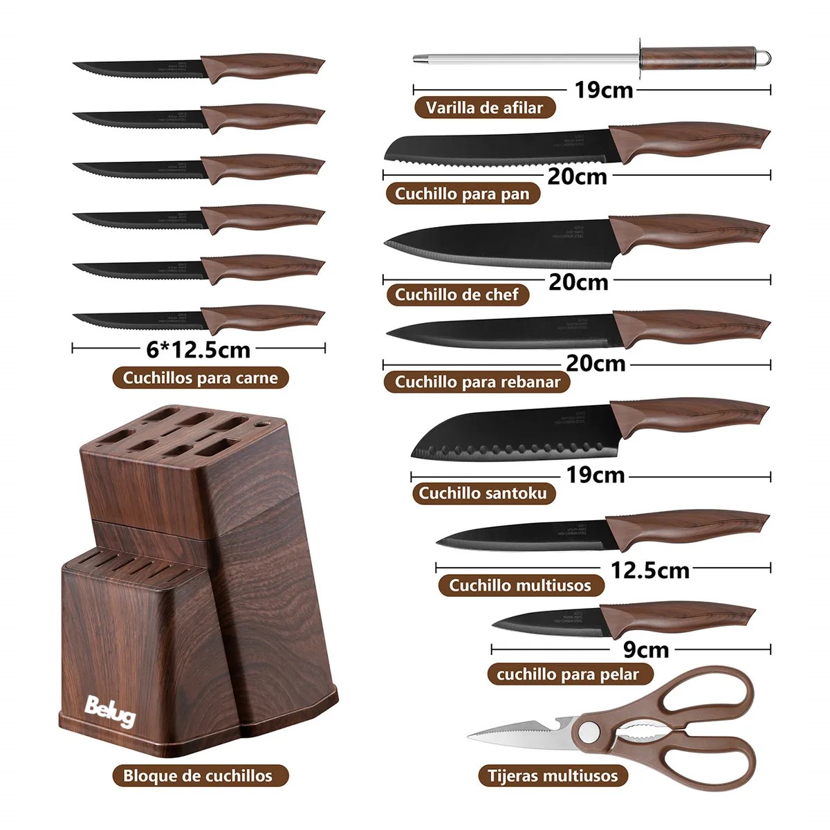 15 Piezas De Juego De Cuchillos De Cocina Acero Inoxidable Color Marrón