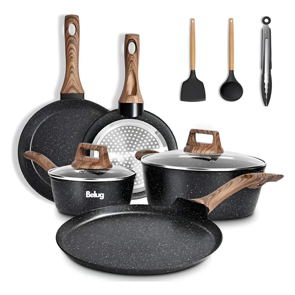 Bateria de Cocina Juego de Ollas y Sarten 10 Piezas Negro