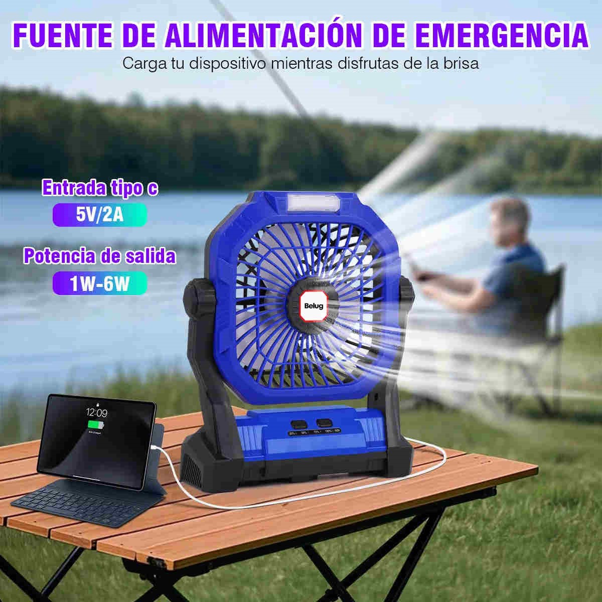 Ventilador Recargable Camping Acampar Portátil Usb Con Luz Led Color Azul.