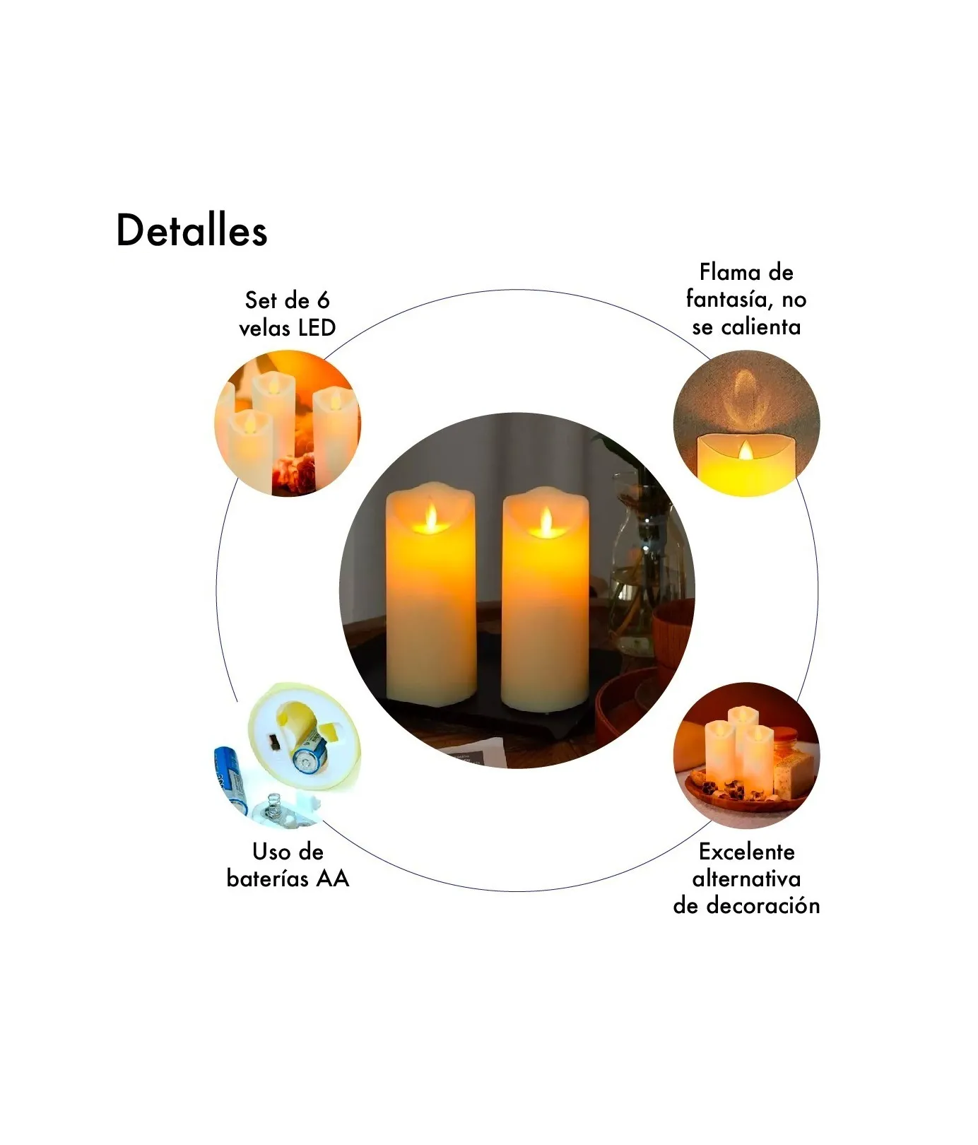 Pack 6 Velas Grandes Led Flama Realista