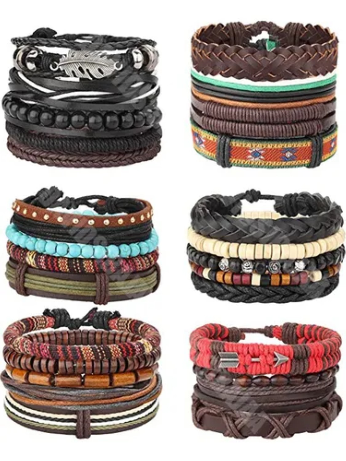 26 Pcs Ajustable Trenzado Vintage Cuero Brazalete Multicapa