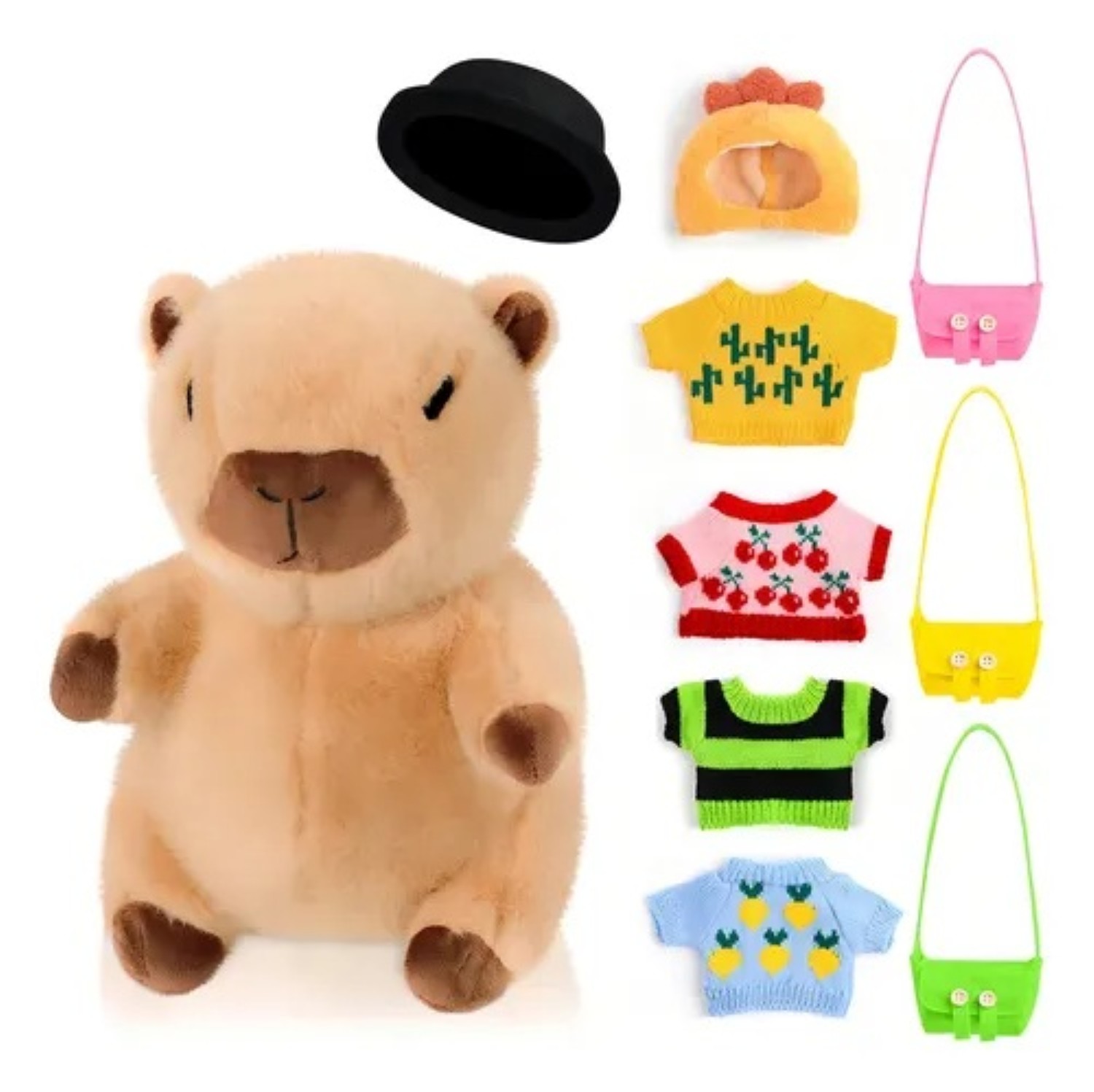 Peluche Capibara Con 9pz Ropa Y Accesorios Colores