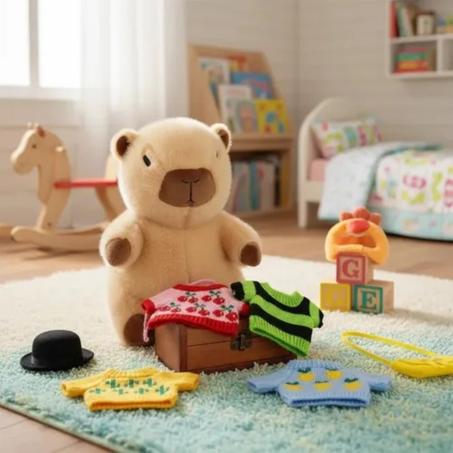 Peluche Capibara Con 9pz Ropa Y Accesorios Colores