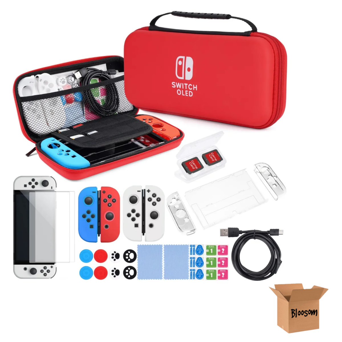 Kit De 30 Accesorios Funda Para Nintendo Switch Oled Estuche Rojo