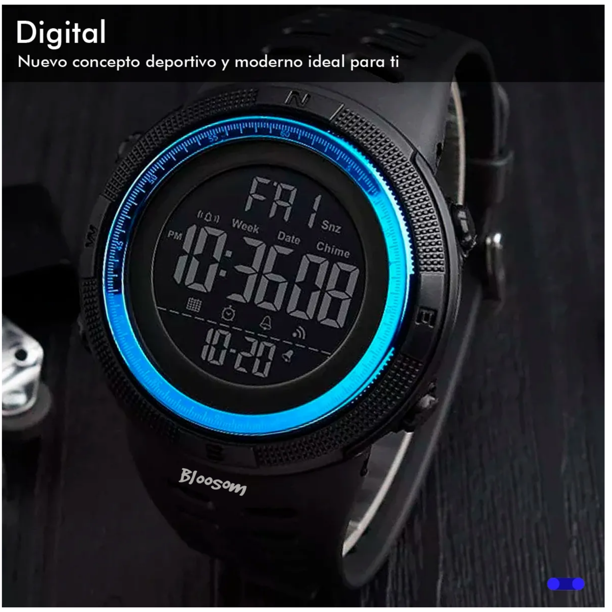 Reloj Hombre Deportivo Digital Resistente Al Agua Negro con Azul