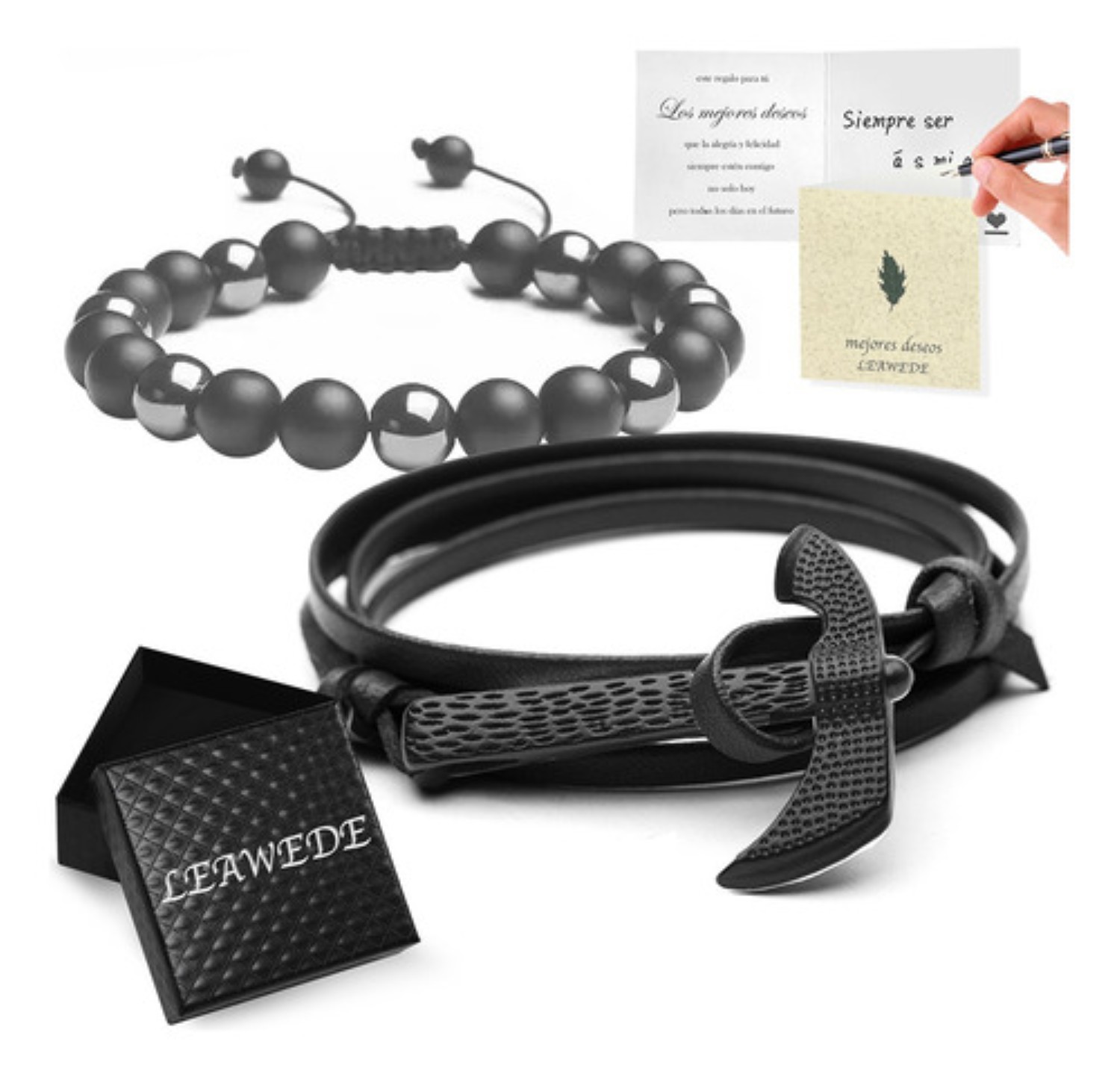 Brazalete De Cuentas Obsidiana Y Pulsera Hombre Hacha 2 Pzs Negra
