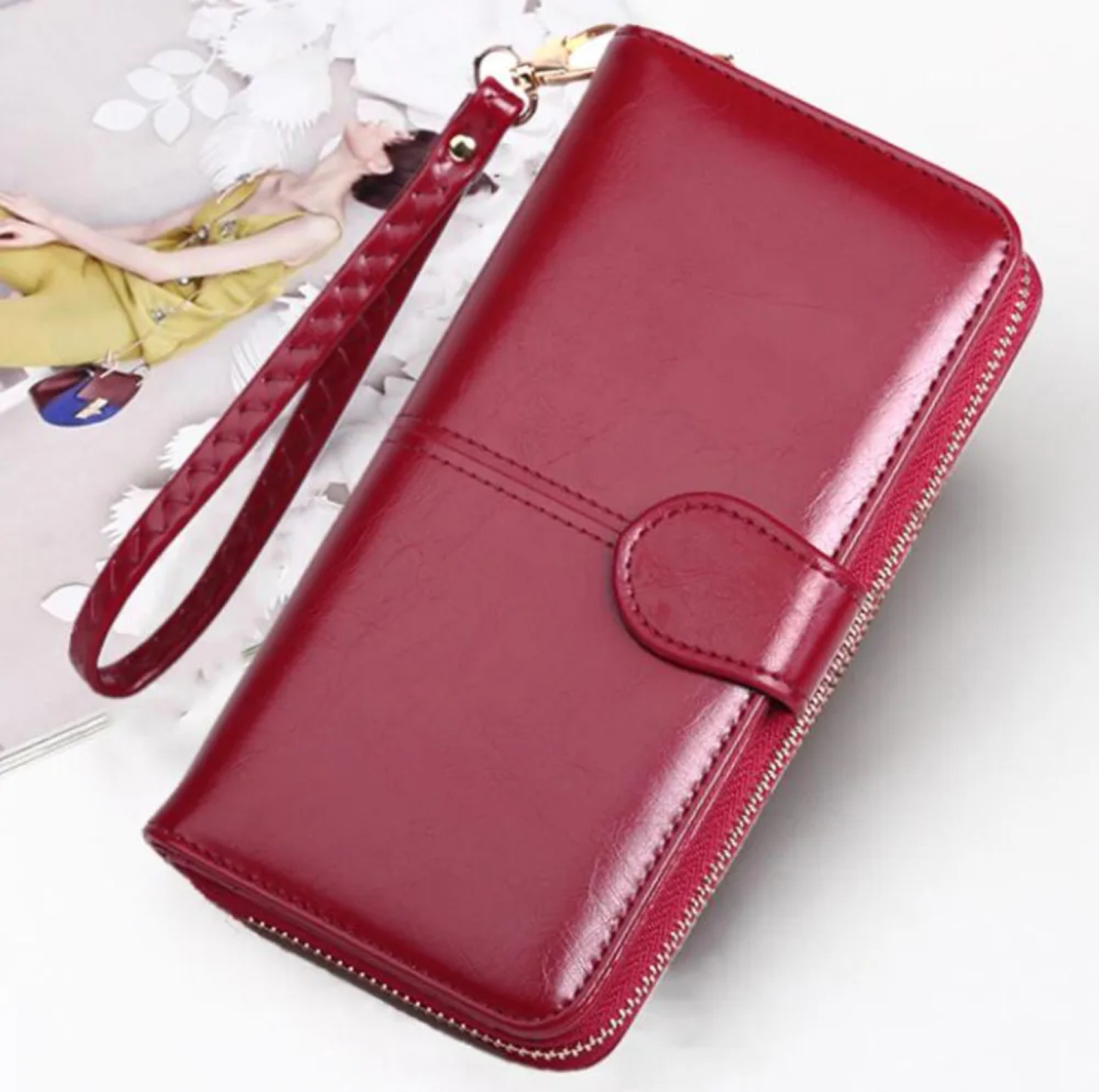 Cartera De Mujer De Gran Capacidad, Cartera Larga De Cuero Color Rojo