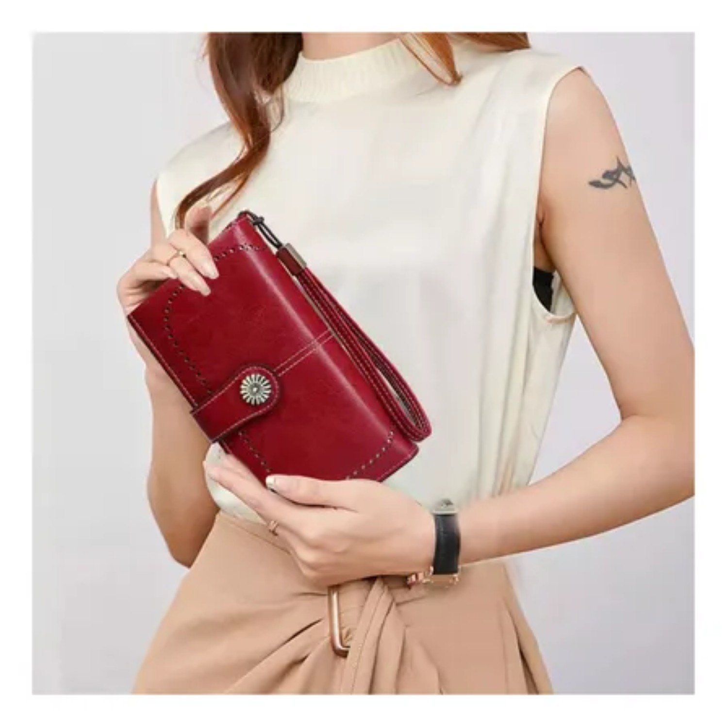 Cartera De Mujer De Gran Capacidad, Cartera Larga De Cuero Color Rojo