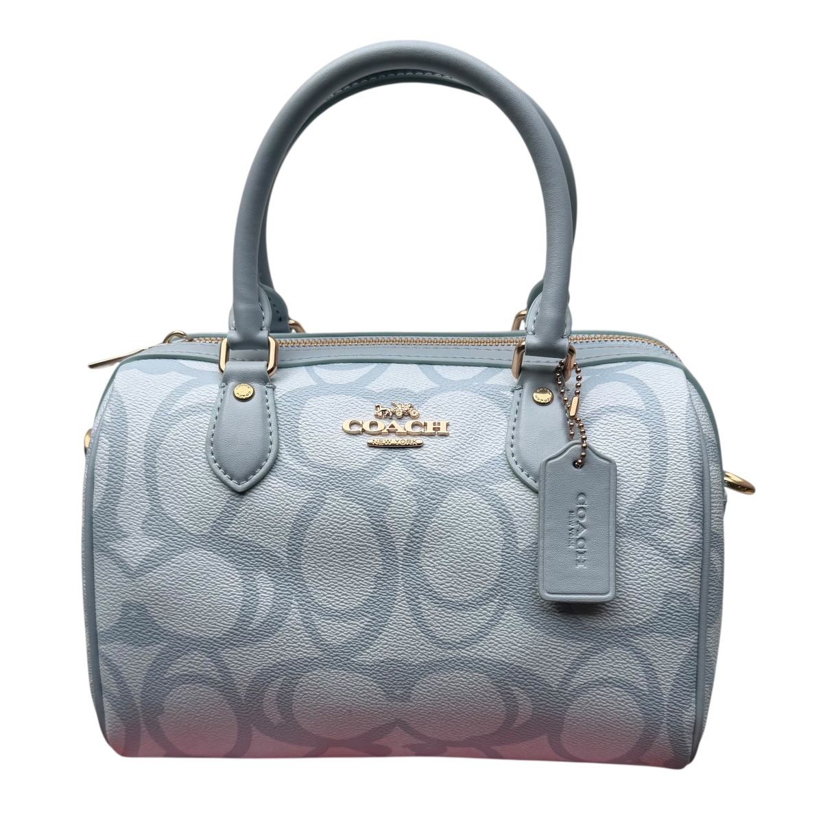 Bolsa COACH Satchel Rowan color azul pastel con logos resaltados