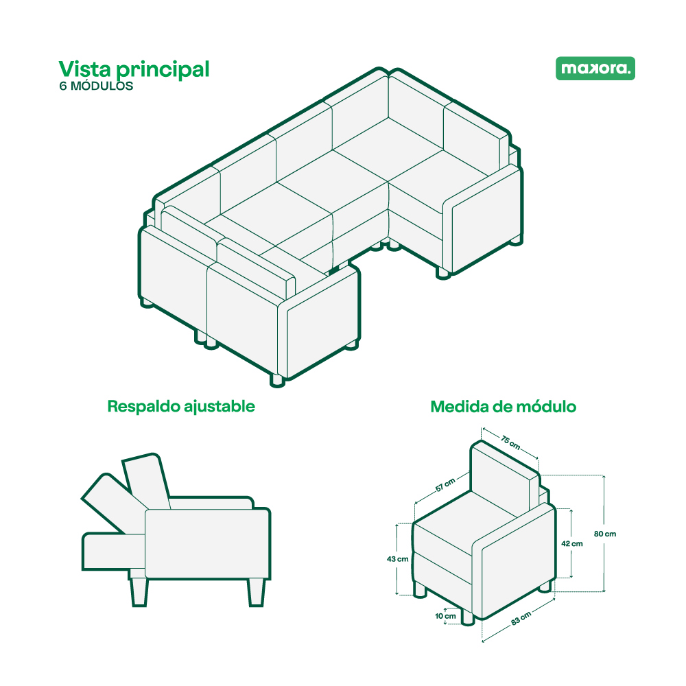 Sala de 6 modúlos Makora Kieran con Memory Foam, Color Gris Claro ...