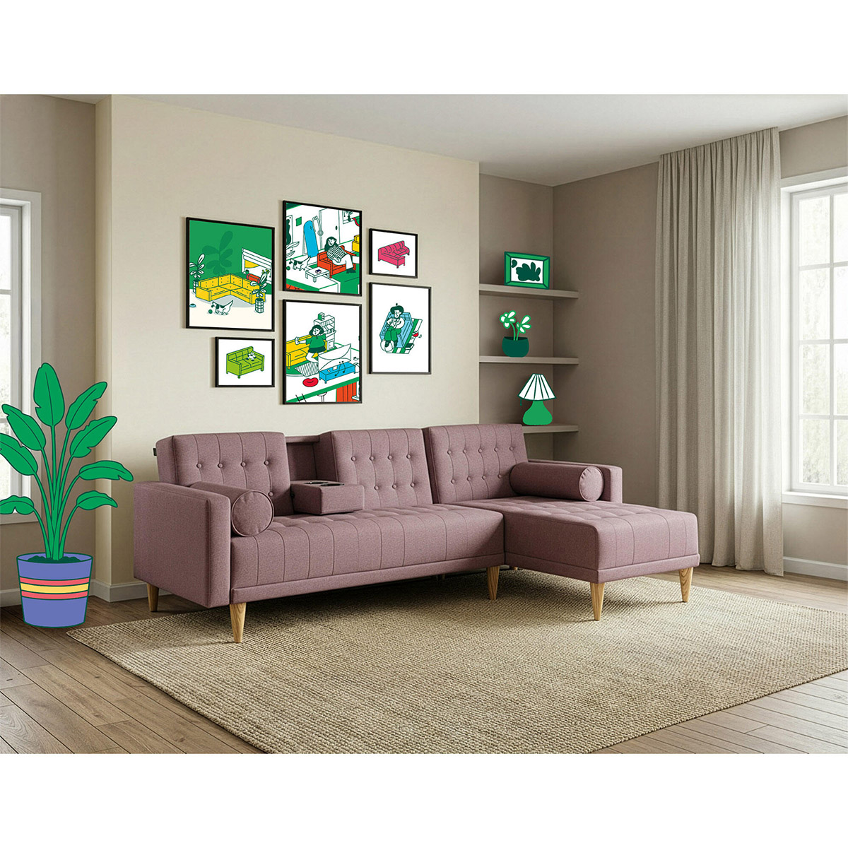 Sala Modular Makora Mosley con Memory Foam, Color Palo de Rosa Respaldo ...