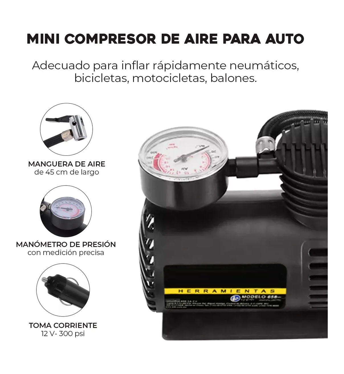 Compresor De Aire Mini Batería Portátil Malubero 350 Psi 1 Manómetro Color Negro