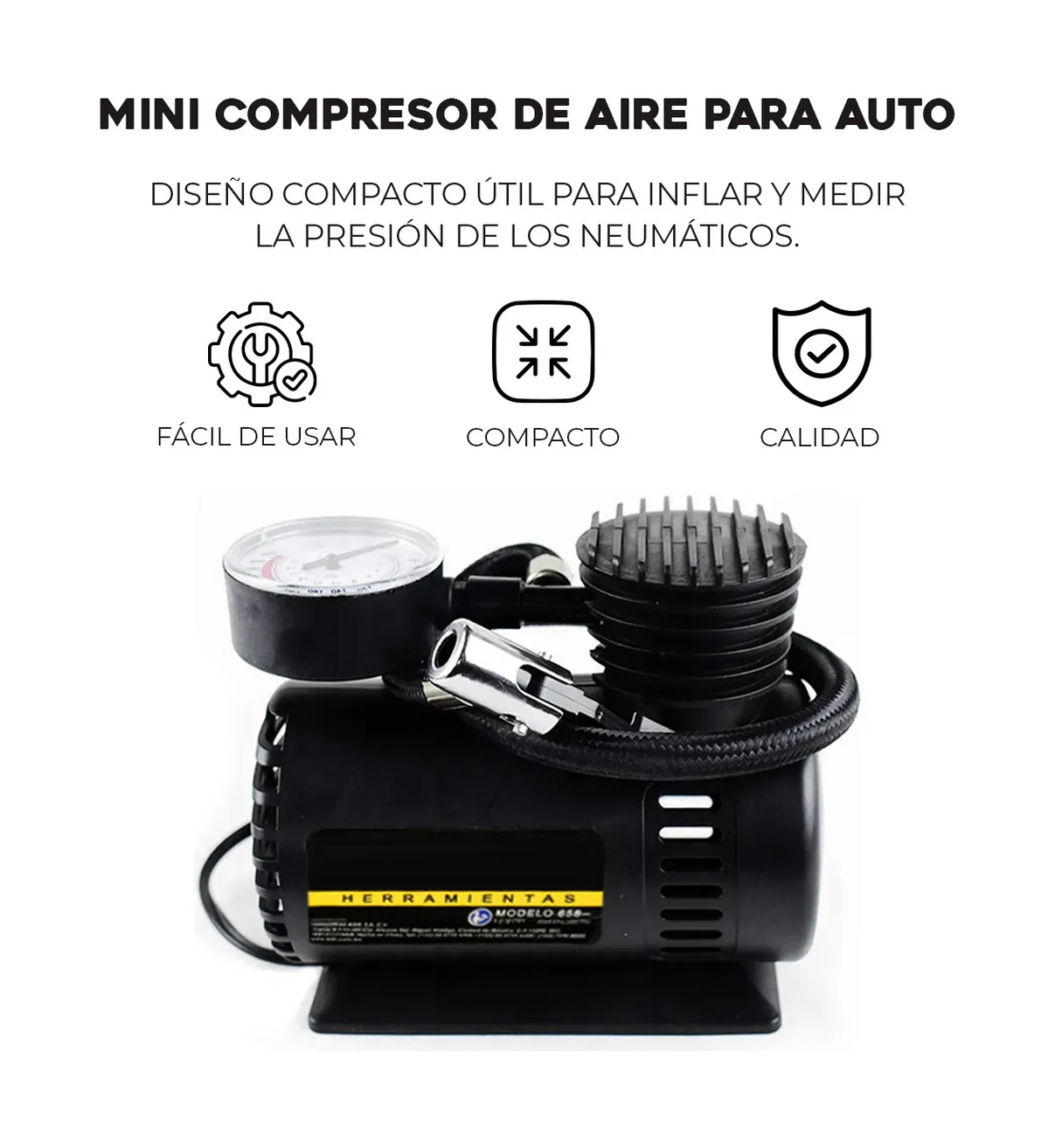 Compresor De Aire Mini Batería Portátil Malubero 350 Psi 1 Manómetro Color Negro