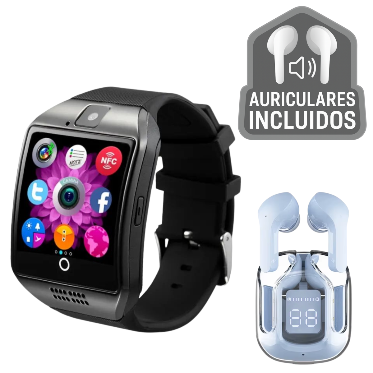 Smartwatch Q18 Negro con Cámara, SIM y microSD + Audífonos Inalámbricos ...