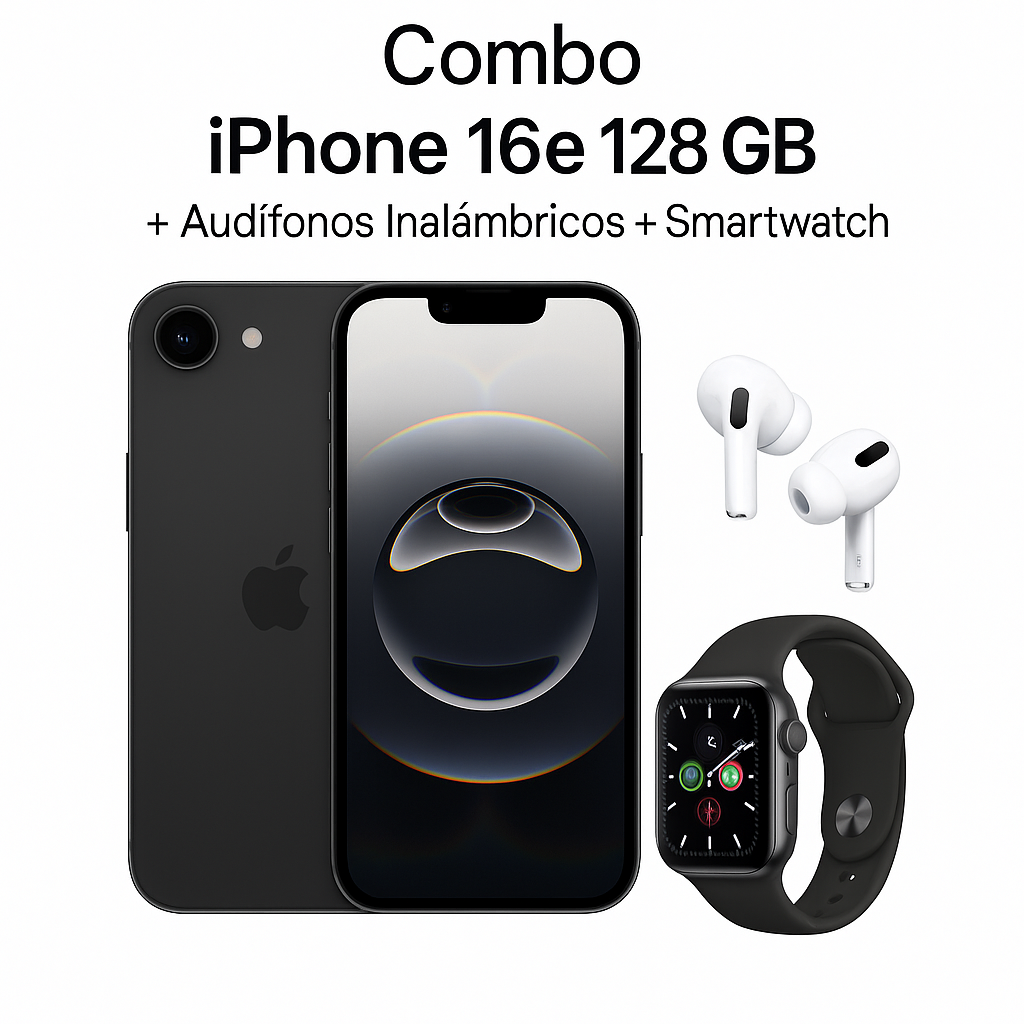 Combo iPhone 16e 128 GB +Audífonos Inalámbricos+Smartwatch | Super Pack ...