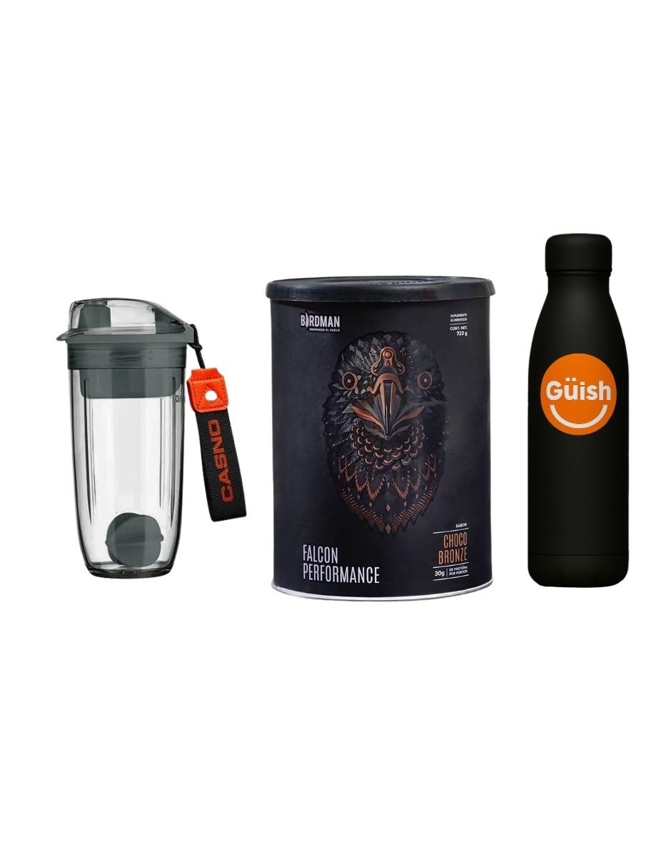 Proteina Shaker Gym + Termo GUISH + Proteina Birdman