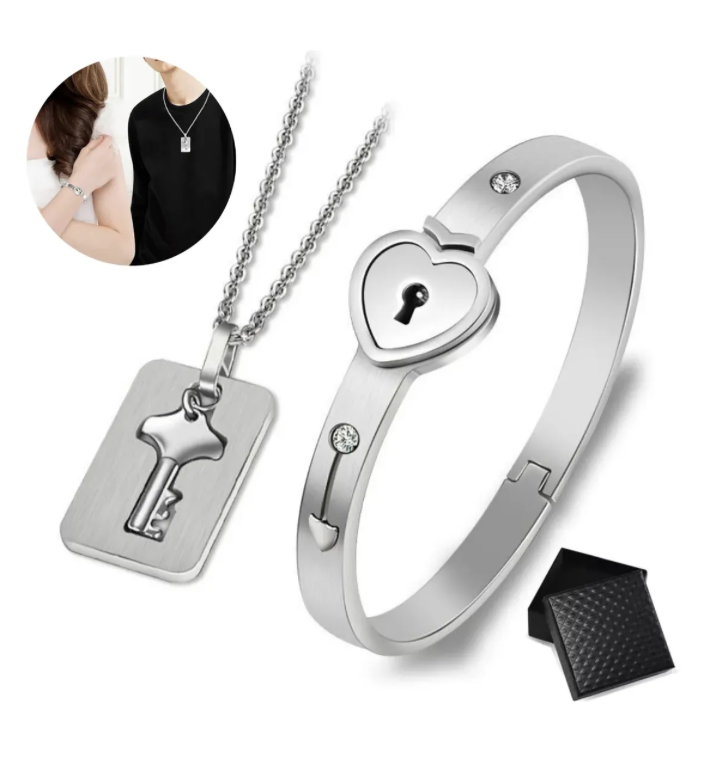 Pulsera Brazalete Pareja Con Llave Corazón Acero Inoxidable