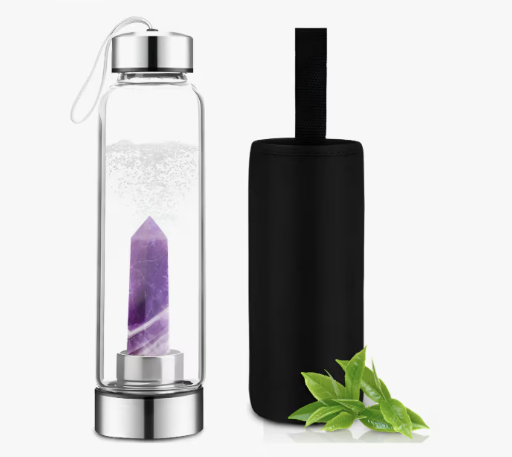 Botella Agua Con Cristal Energético Y Vaso De Cuarzo Botella Modelo Gris