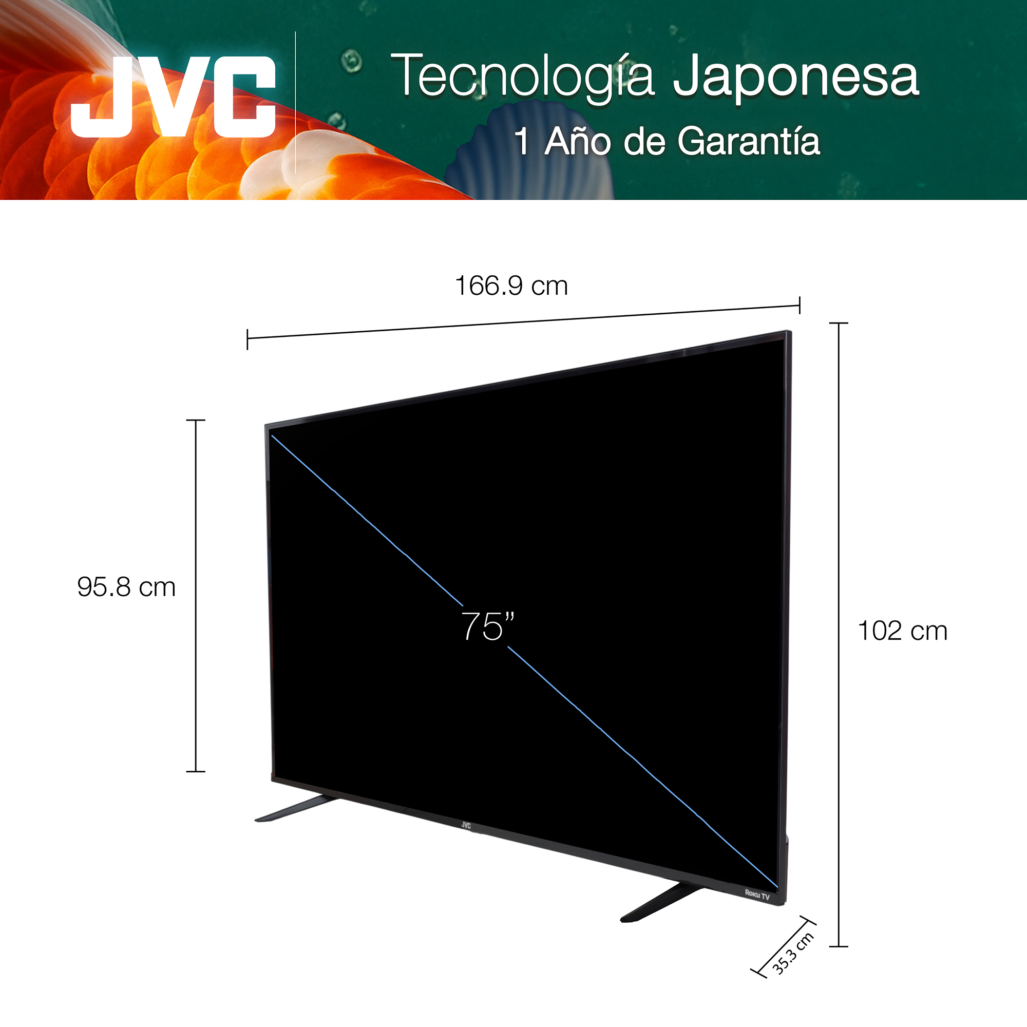 Pantalla 75 pulgadas 4K Ultra HD Frameless Roku TV JVC