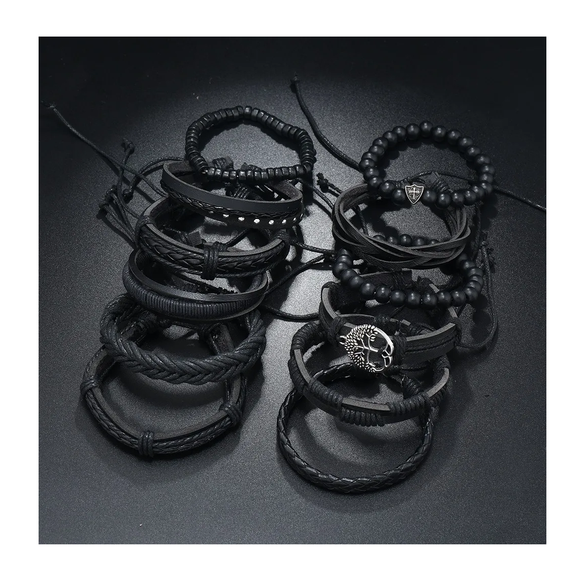 12 Piezas Pulseras Trenzado Brazalete Hombre Cuero Vintage negro