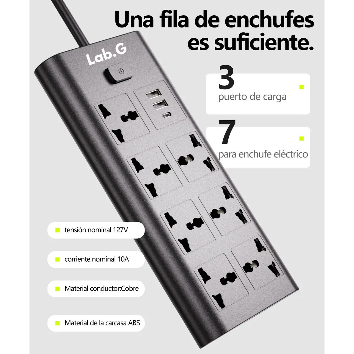 Regleta Multifunción Con 7 Tomas Y 2 Puertos Usb + 1 Tipo-c