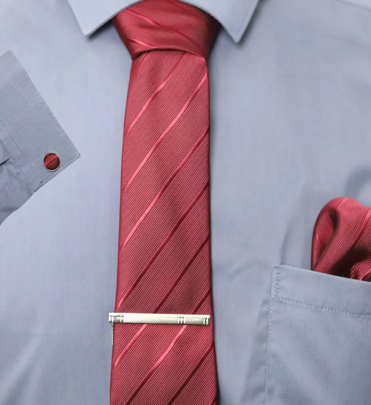 Set Corbata Pañuelo Mancuernilla Hombre 5 Piezas Guinda