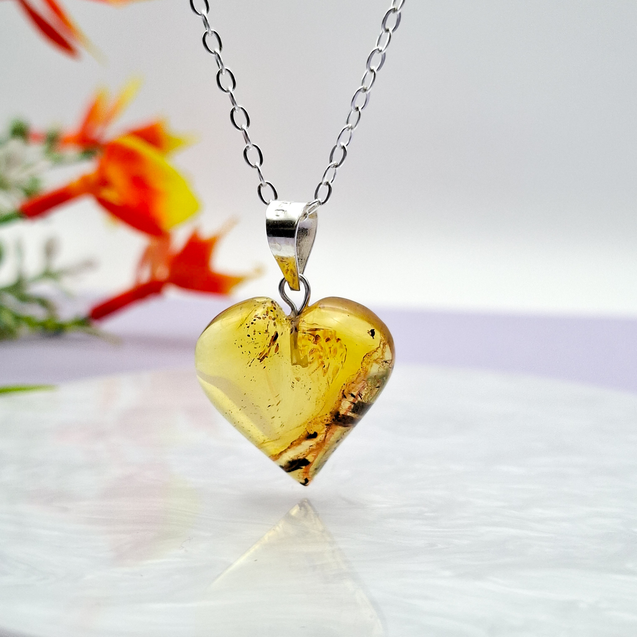Collar Corazón Dije Ámbar De Chiapas En Plata Ley .925