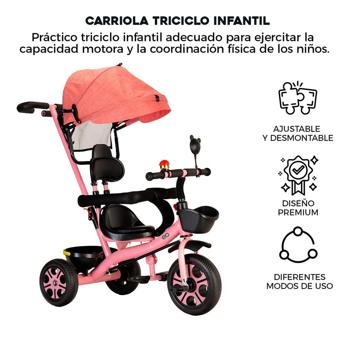 Triciclo Bicicleta Infantil Carriola Bebe Paseo Con Cajuela Color Rosa