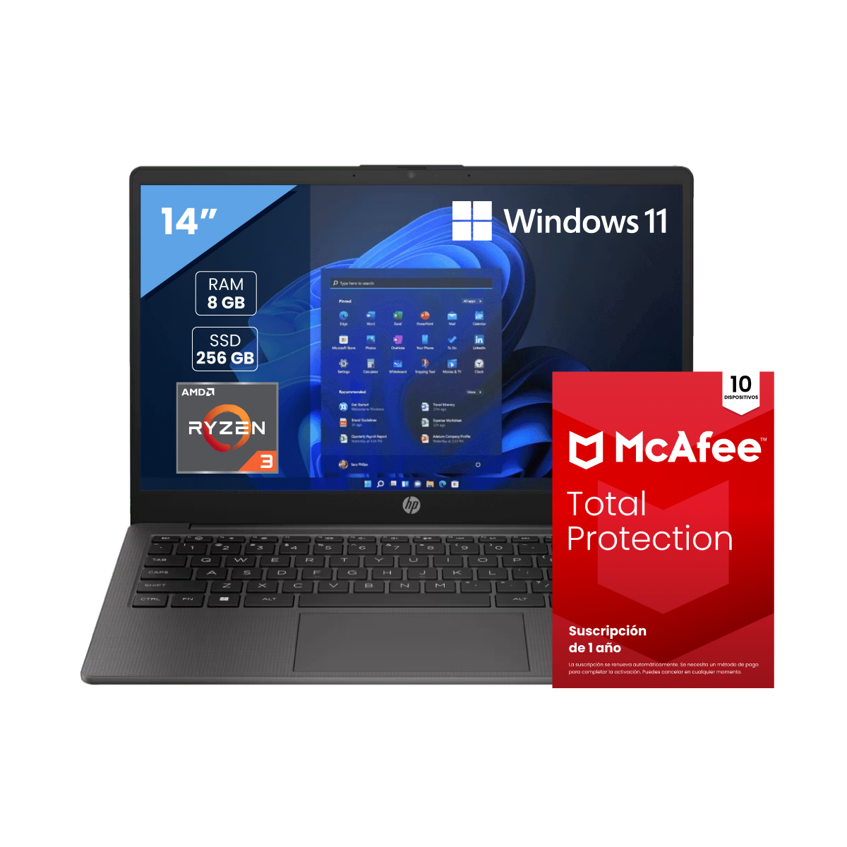 LAPTOP HP 245 G10, 14" 1366X768 HD, AMD RYZEN 3 7320U, 8GB, 256GB SSD ...