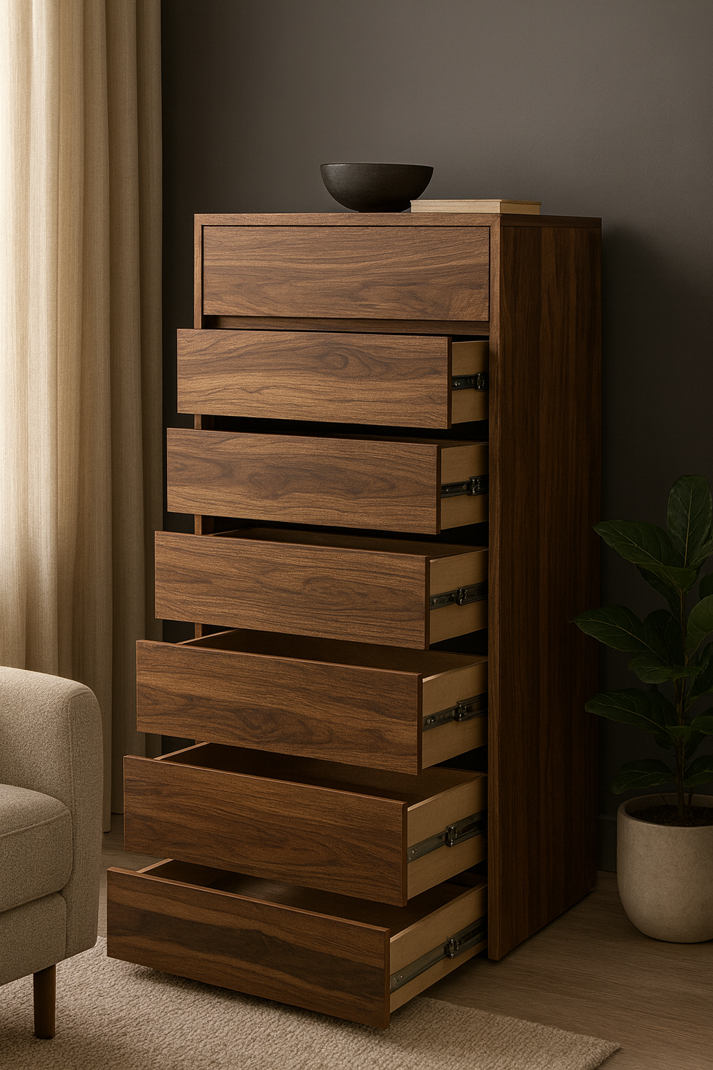 Cajonera vertical de madera de parota con 7 cajones colección Ligna Decor
