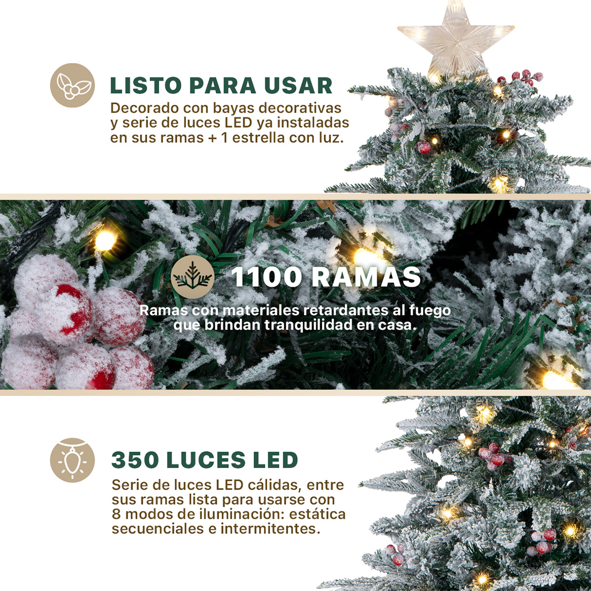 Árbol de Navidad Nevado con Luz Led + Bayas Rojas + Estrella 2.2m 1100 ...