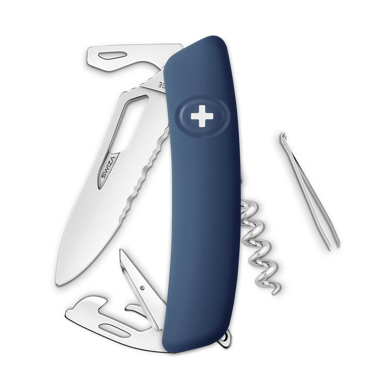 Navaja SWIZA KST.0030.1920 POLISHED Single Hand Wavy Edge SH03 TR, 12 funciones, azul oscuro