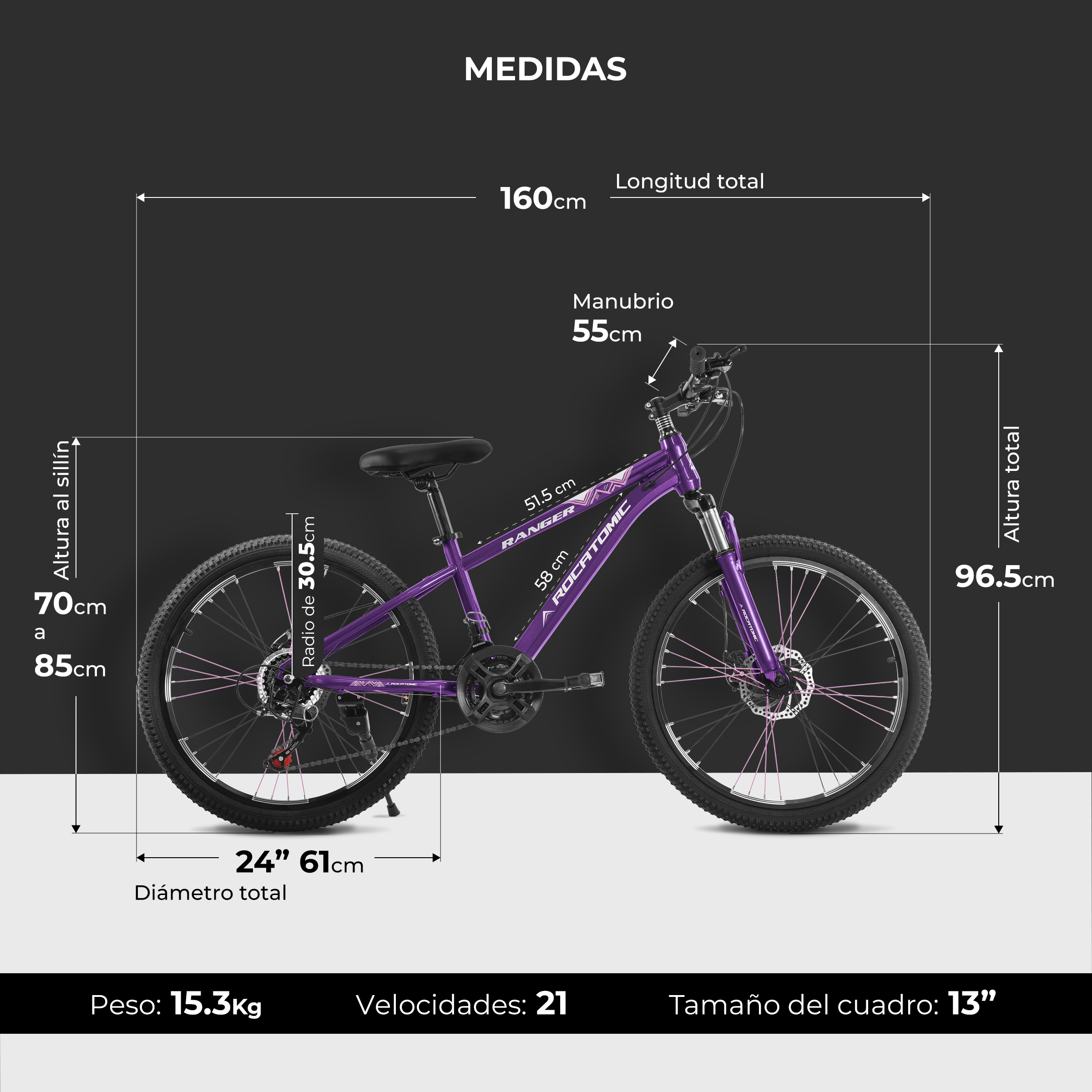 Bicicleta Rocatomic Ranger R24 21vel Montaña Juvenil Sport Morado