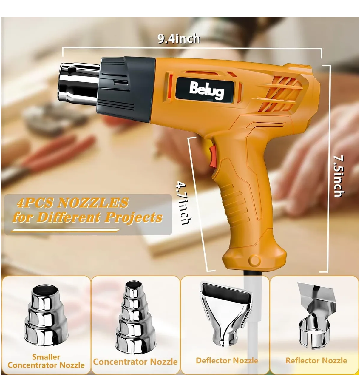 Pistola De Calor De 2000w Belug Temperatura Regulable 4 Boquillas Naranja