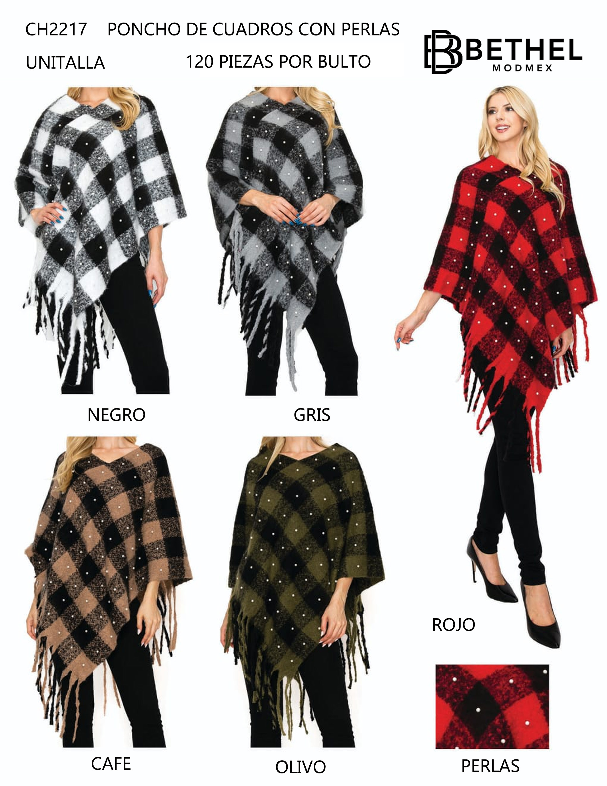 PAQUETE 6 PIEZAS PONCHO DE CUADROS CON PERLAS