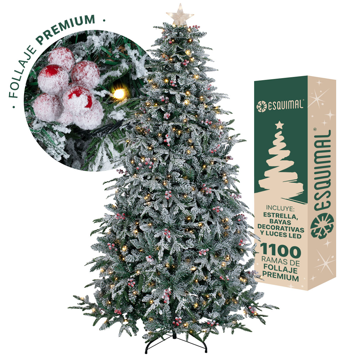 Árbol de Navidad Nevado con Luz Led + Bayas Rojas + Estrella 2.2m 1100 ...